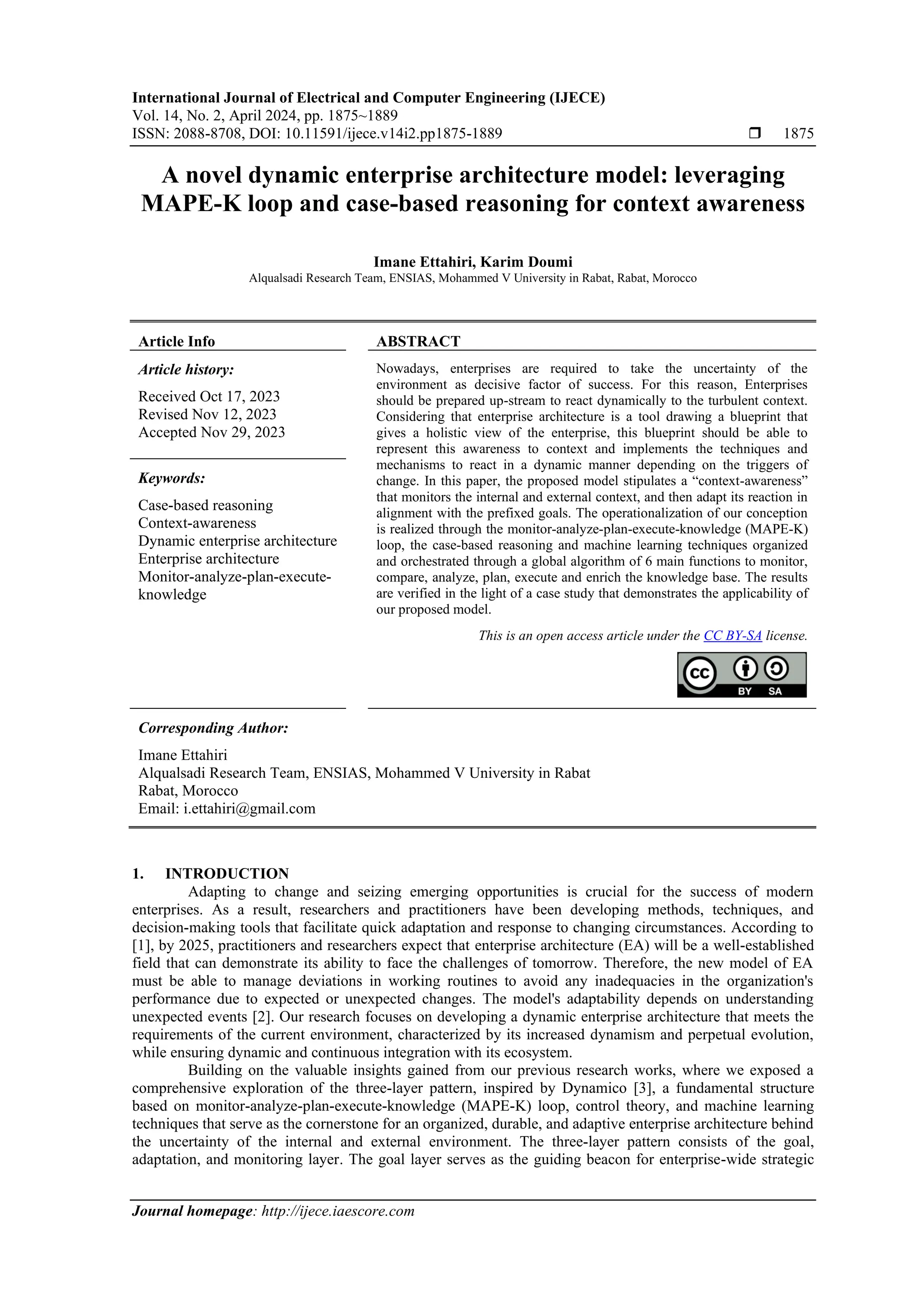 A novel dynamic enterprise architecture model: leveraging MAPE-K loop and case-based reasoning ...