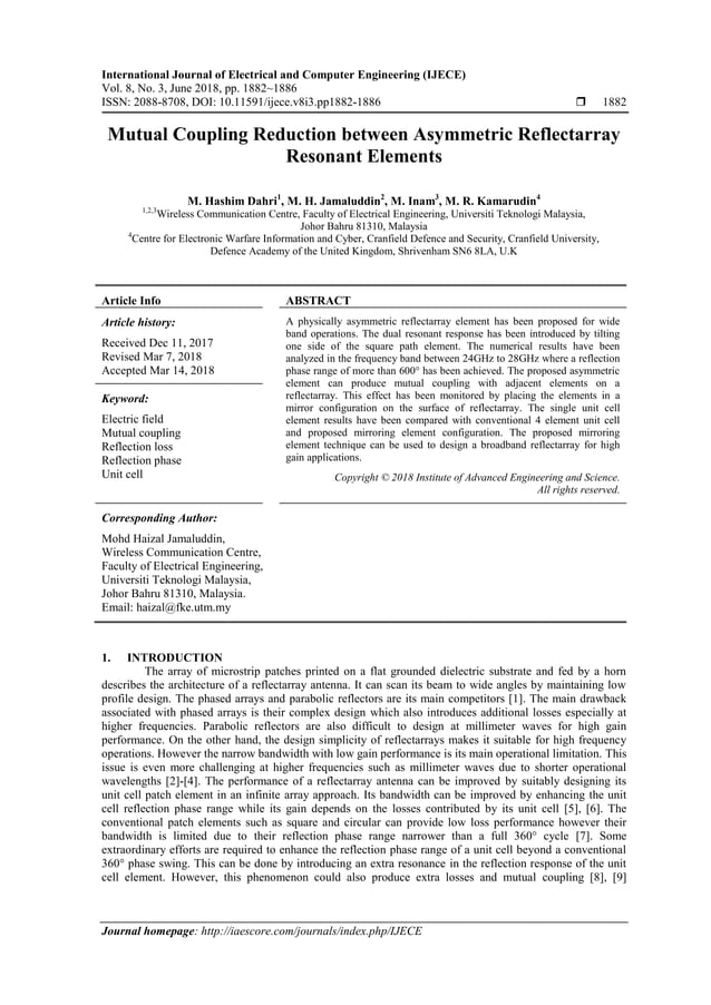 Mutual Coupling Reduction between Asymmetric Reflectarray Resonant Elements | PDF