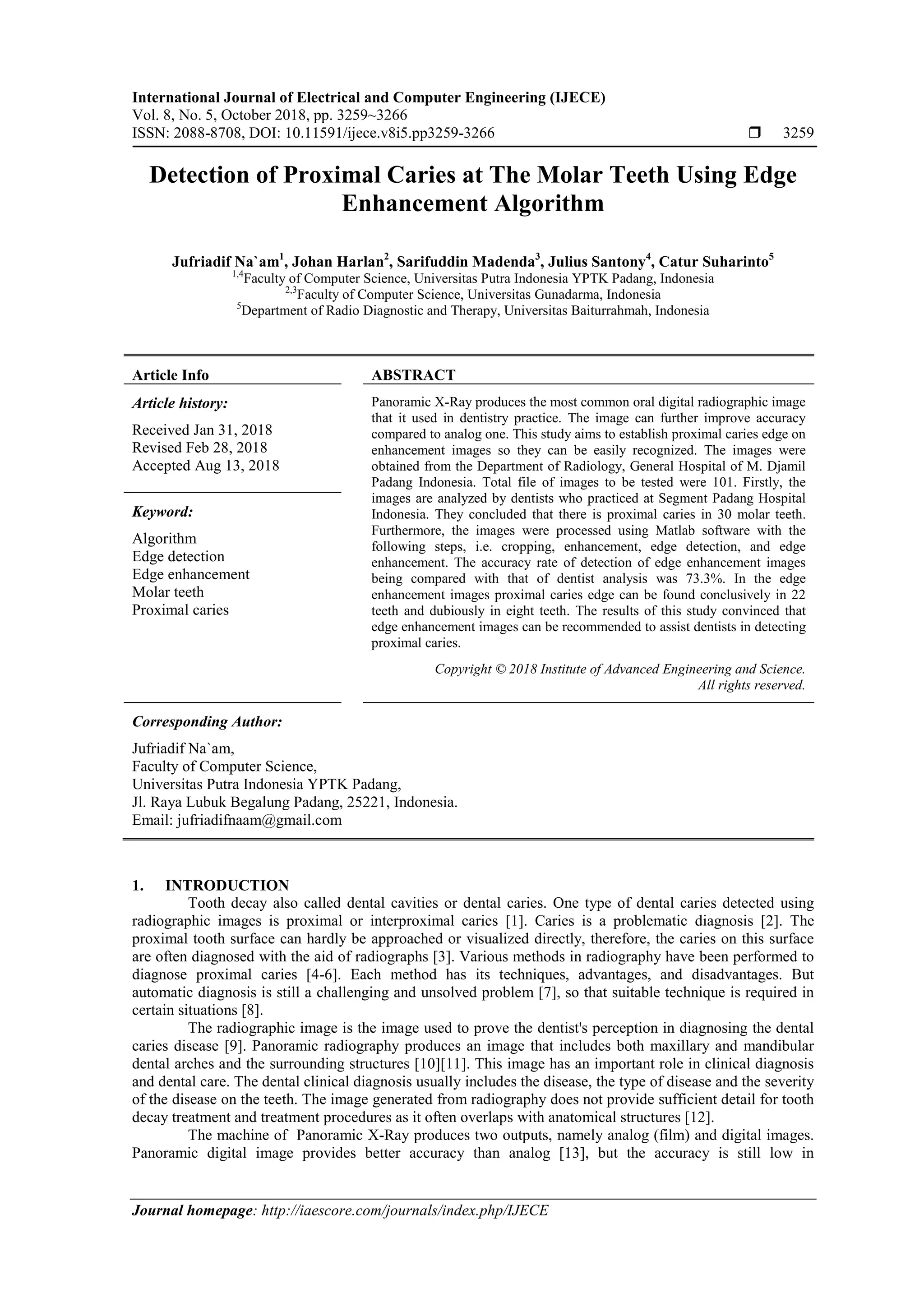 Detection Of Proximal Caries At The Molar Teeth Using Edge Enhancement Algorithm Pdf