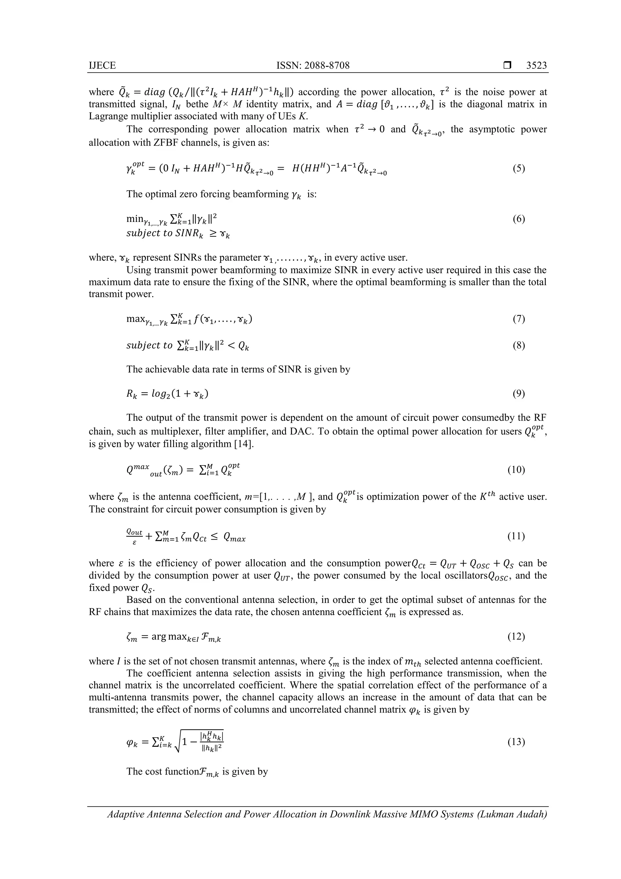 Adaptive Antenna Selection And Power Allocation In Downlink Massive