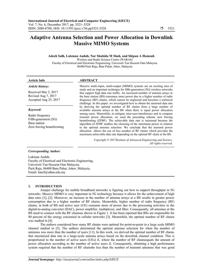 Adaptive Antenna Selection and Power Allocation in Downlink Massive MIMO Systems | PDF