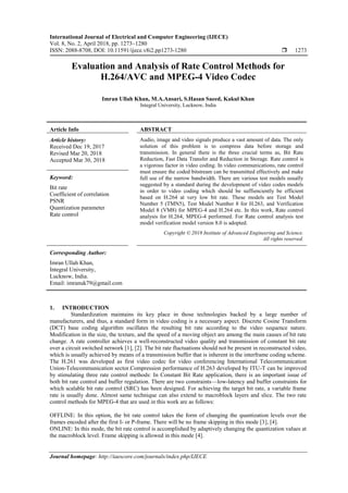 Evaluation and Analysis of Rate Control Methods for H.264/AVC and MPEG-4 Video Codec | PDF ...