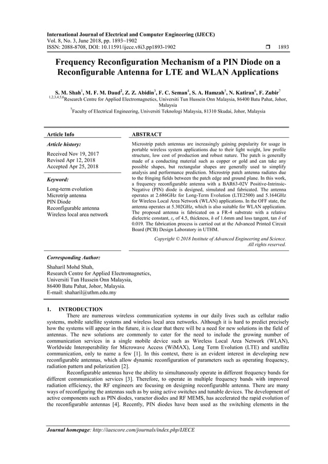 Frequency Reconfiguration Mechanism of a PIN Diode on a Reconfigurable ...