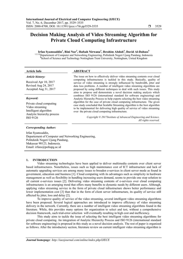 Decision Making Analysis of Video Streaming Algorithm for Private Cloud Computing Infrastructure ...