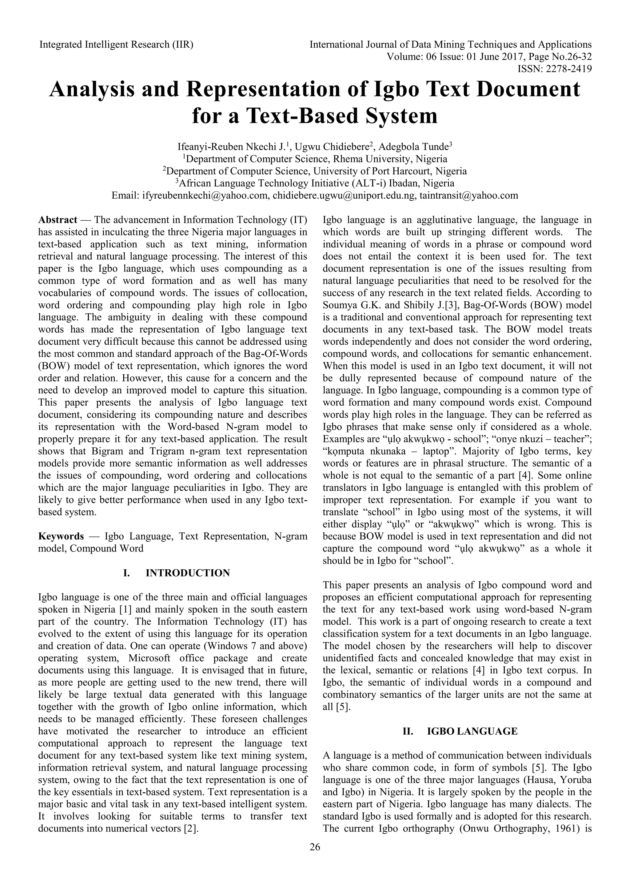 Analysis and Representation of Igbo Text Document for a Text-Based ...
