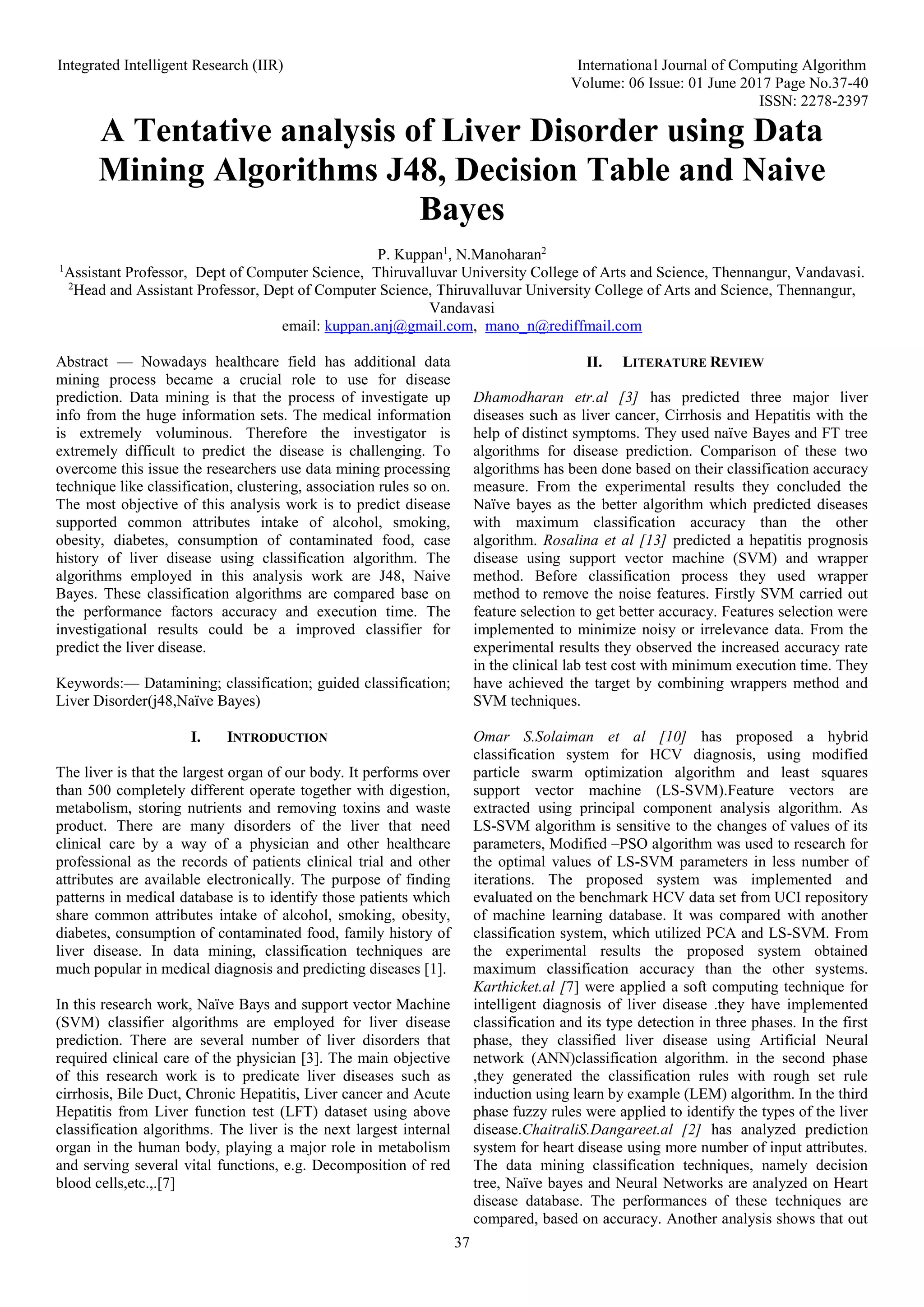 A Tentative analysis of Liver Disorder using Data Mining Algorithms J48, Decision Table and ...