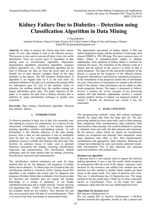 Kidney Failure Due to Diabetics – Detection using Classification Algorithm in Data Mining | PDF