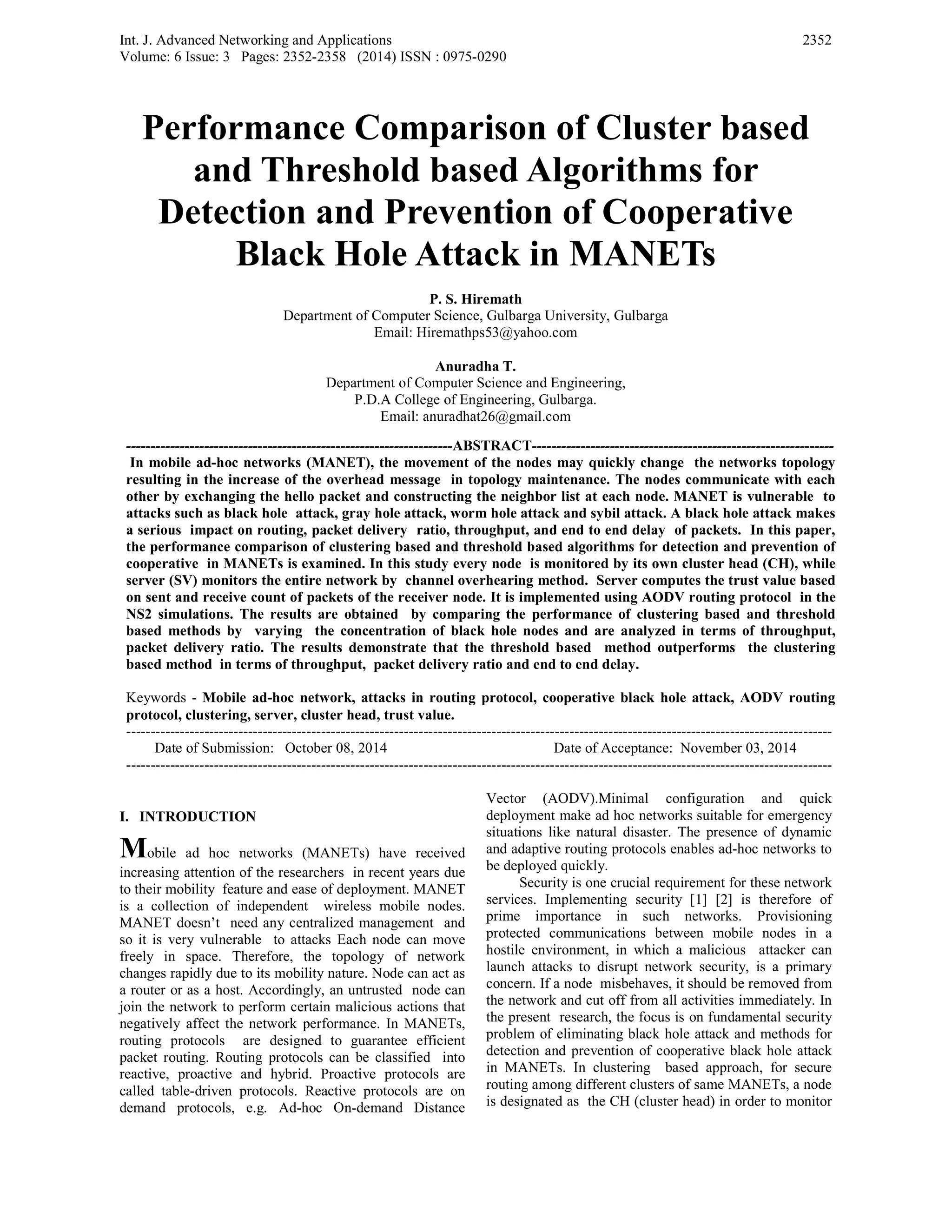 Performance Comparison Of Cluster Based And Threshold Based Algorithms For Detection And