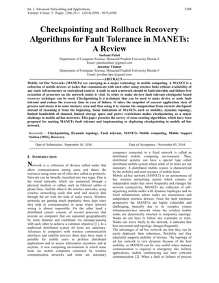 Checkpointing and Rollback Recovery Algorithms for Fault Tolerance in MANETs: A Review | PDF