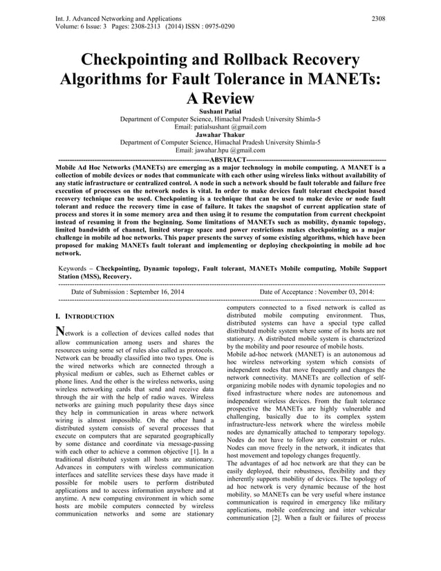 Checkpointing and Rollback Recovery Algorithms for Fault Tolerance in MANETs: A Review | PDF