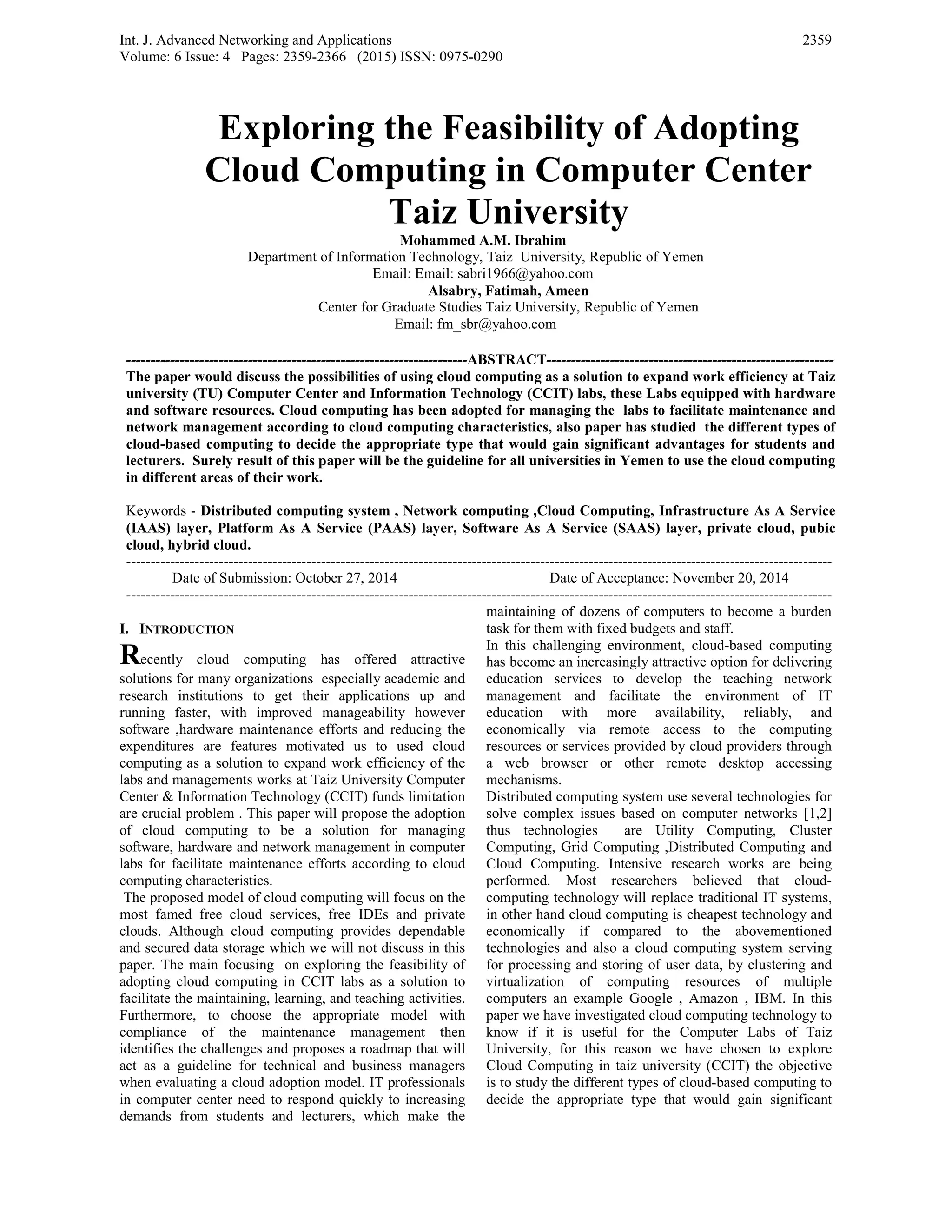Exploring the Feasibility of Adopting Cloud Computing in Computer Center Taiz University | PDF