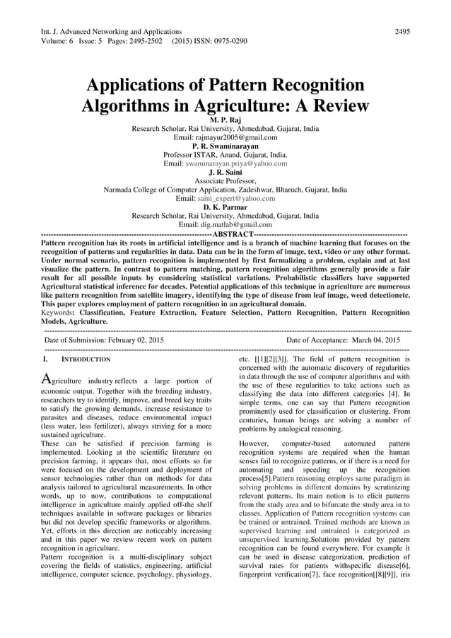 Applications Of Pattern Recognition Algorithms In Agriculture A Review Pdf
