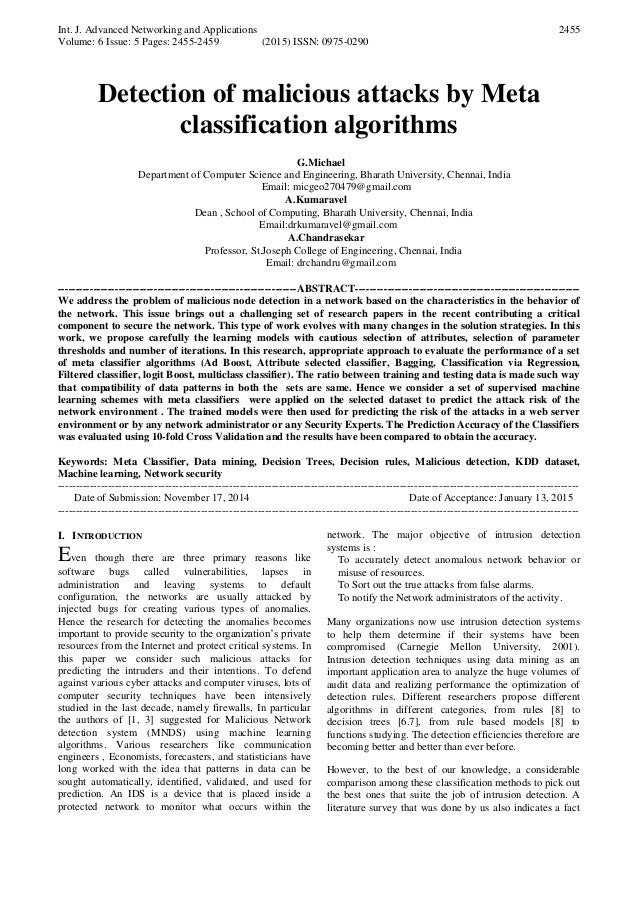 Detection Of Malicious Attacks By Meta Classification Algorithms