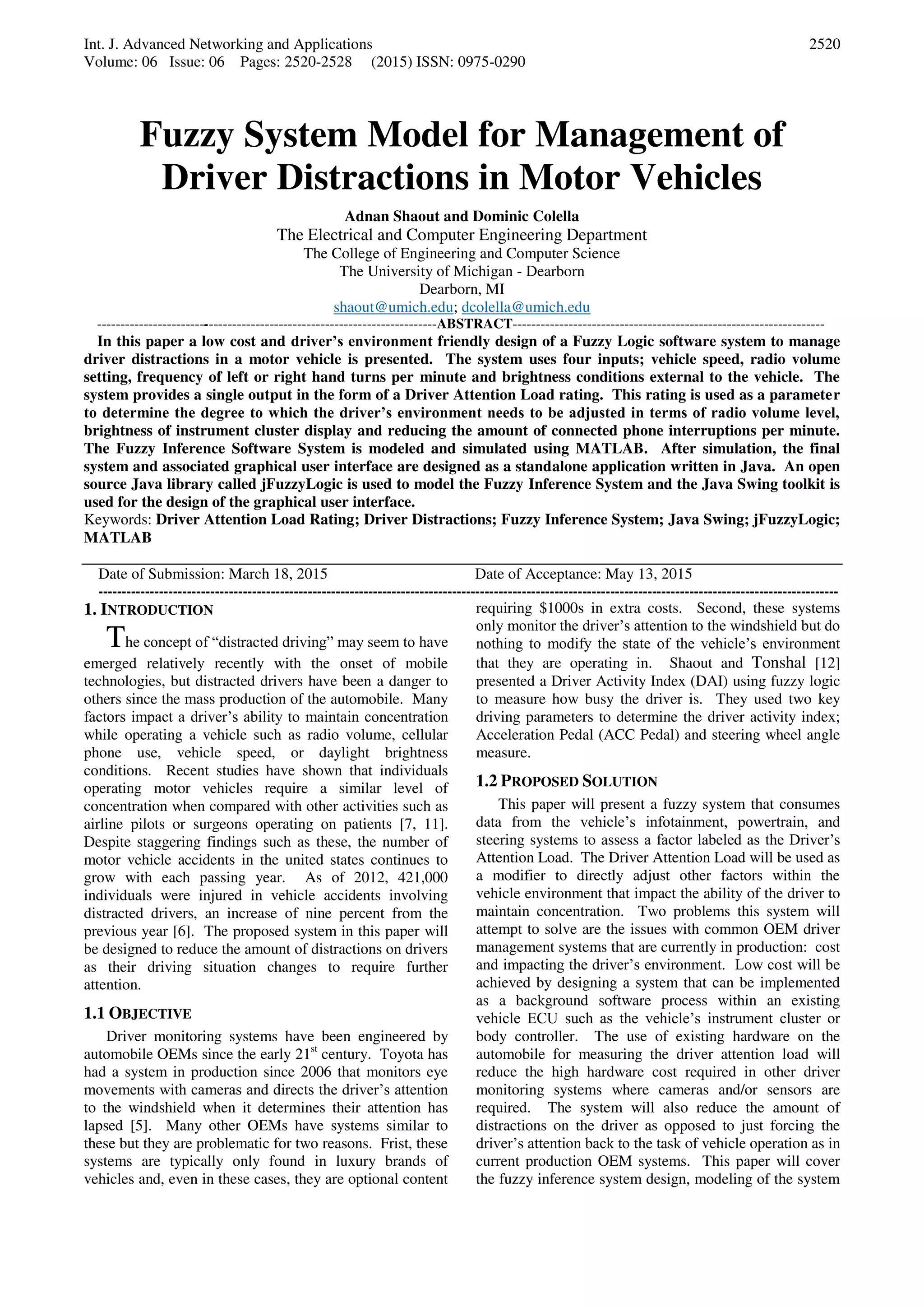Fuzzy System Model for Management of Driver Distractions in Motor Vehicles | PDF