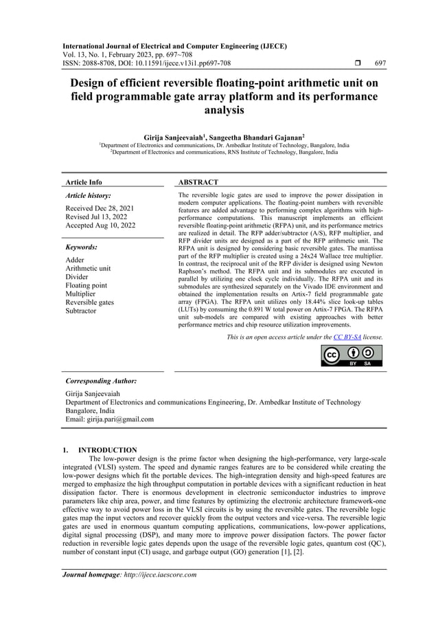 Design Of Efficient Reversible Floating Point Arithmetic Unit On Field Programmable Gate Array