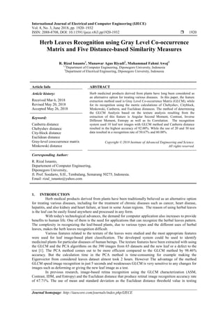 Herb Leaves Recognition using Gray Level Co-occurrence Matrix and Five ...