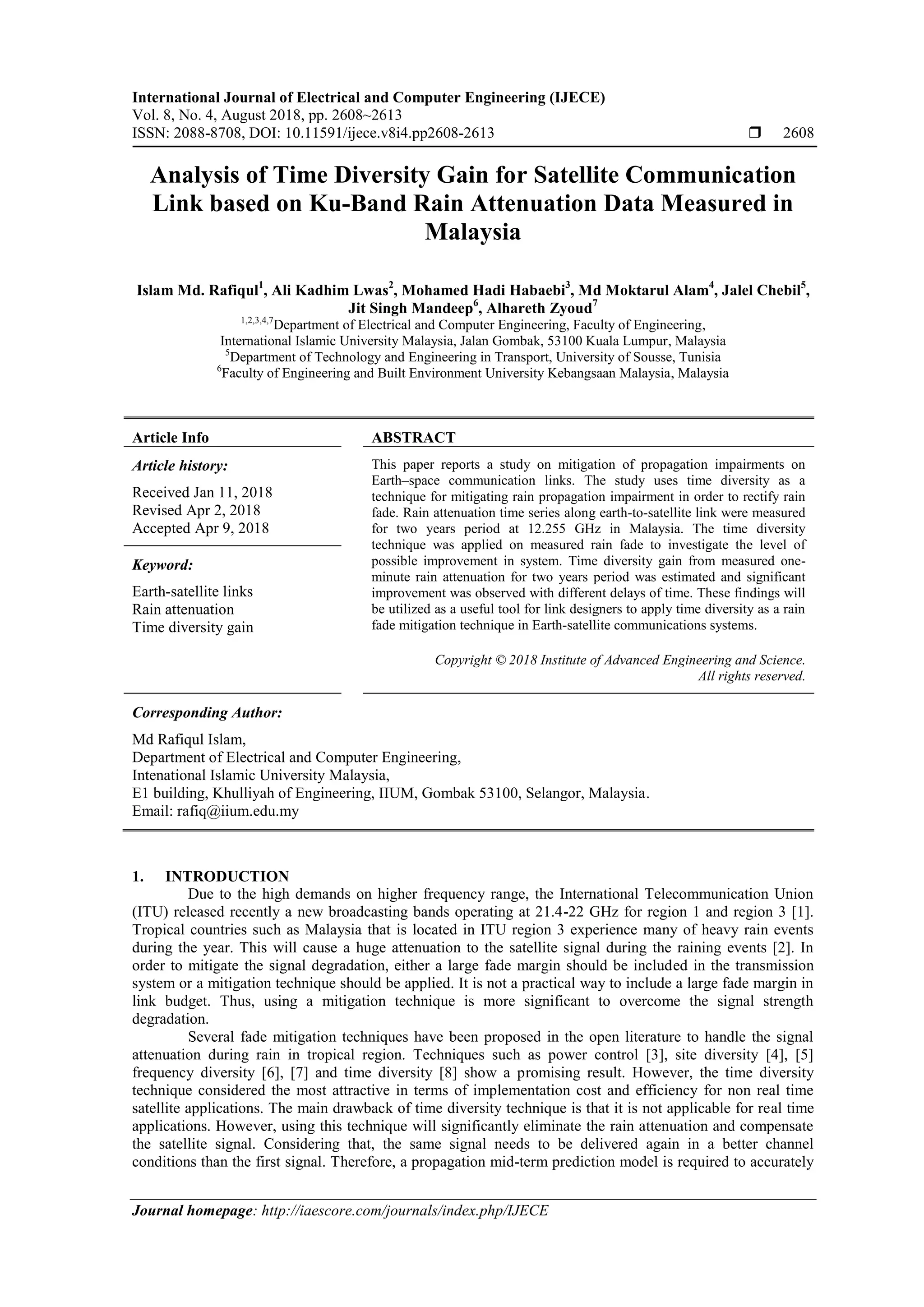 Analysis of Time Diversity Gain for Satellite Communication Link based on Ku-Band Rain ...