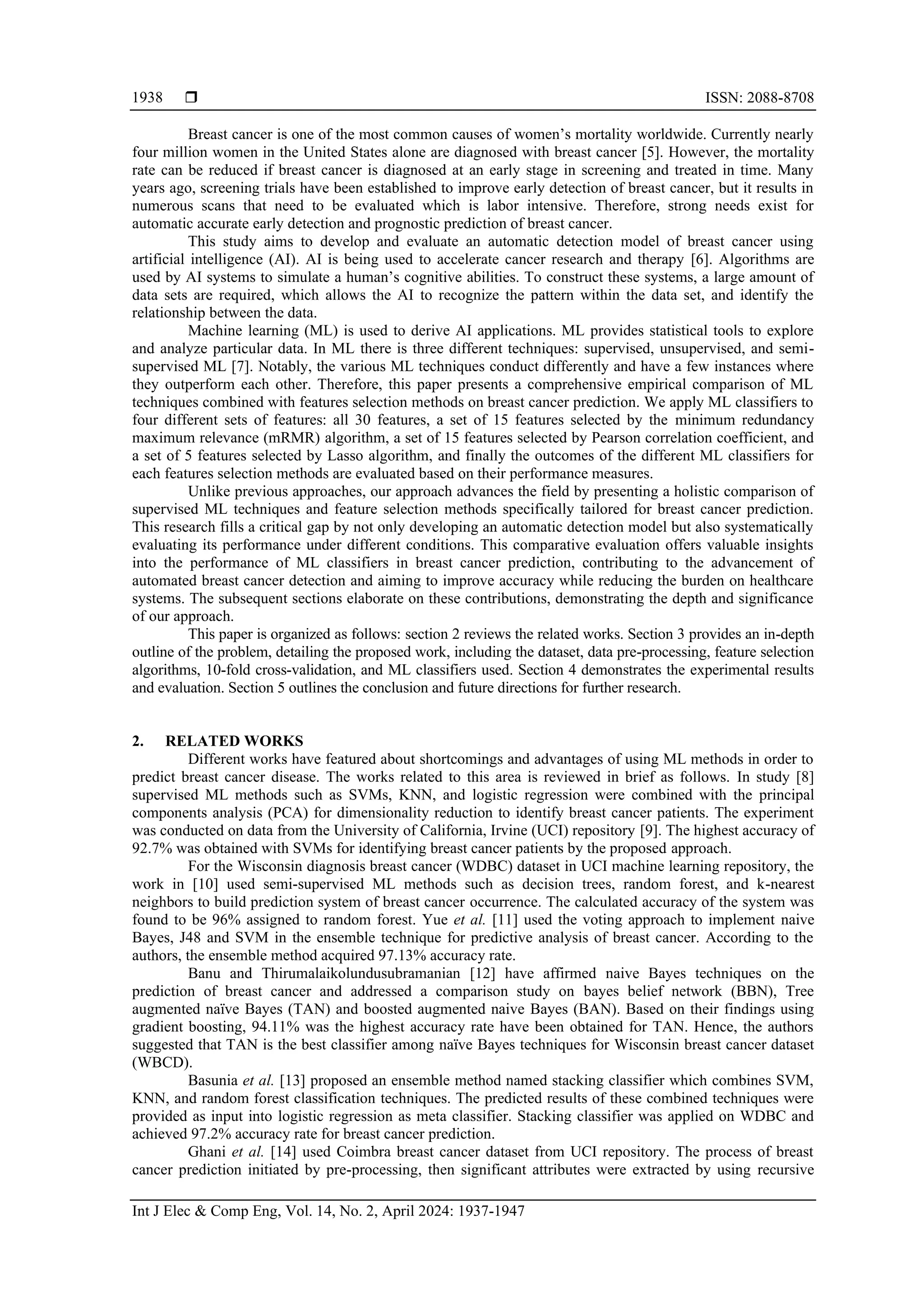 Predictive Modeling For Breast Cancer Based On Machine Learning Algorithms And Features