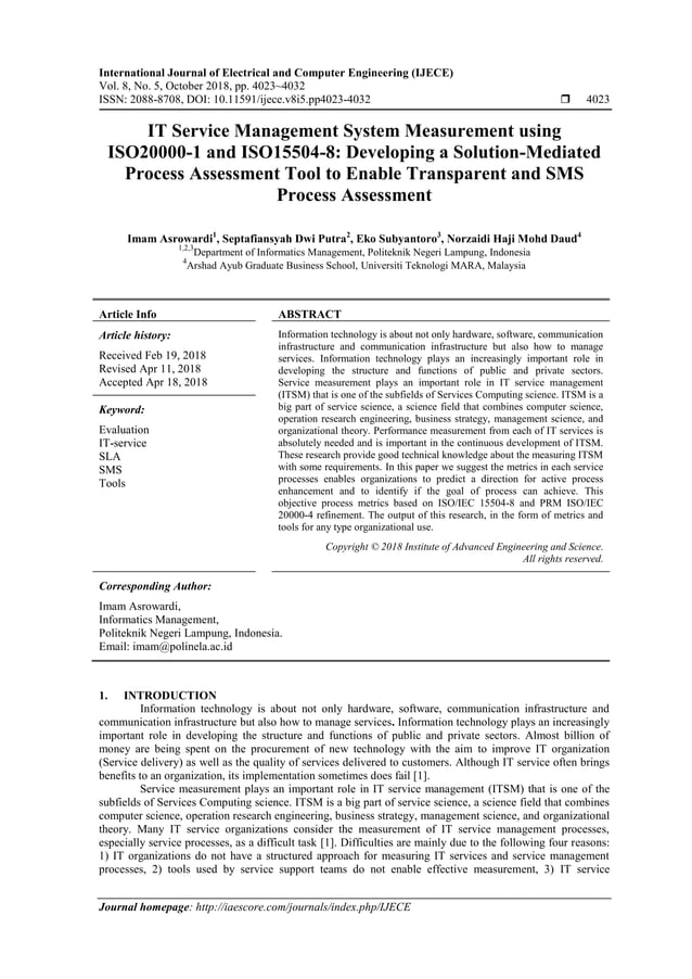 IT Service Management System Measurement using ISO20000-1 and ISO15504 ...