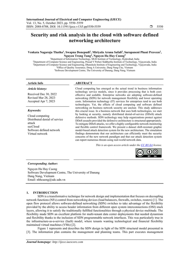 Security and risk analysis in the cloud with software defined networking architecture | PDF