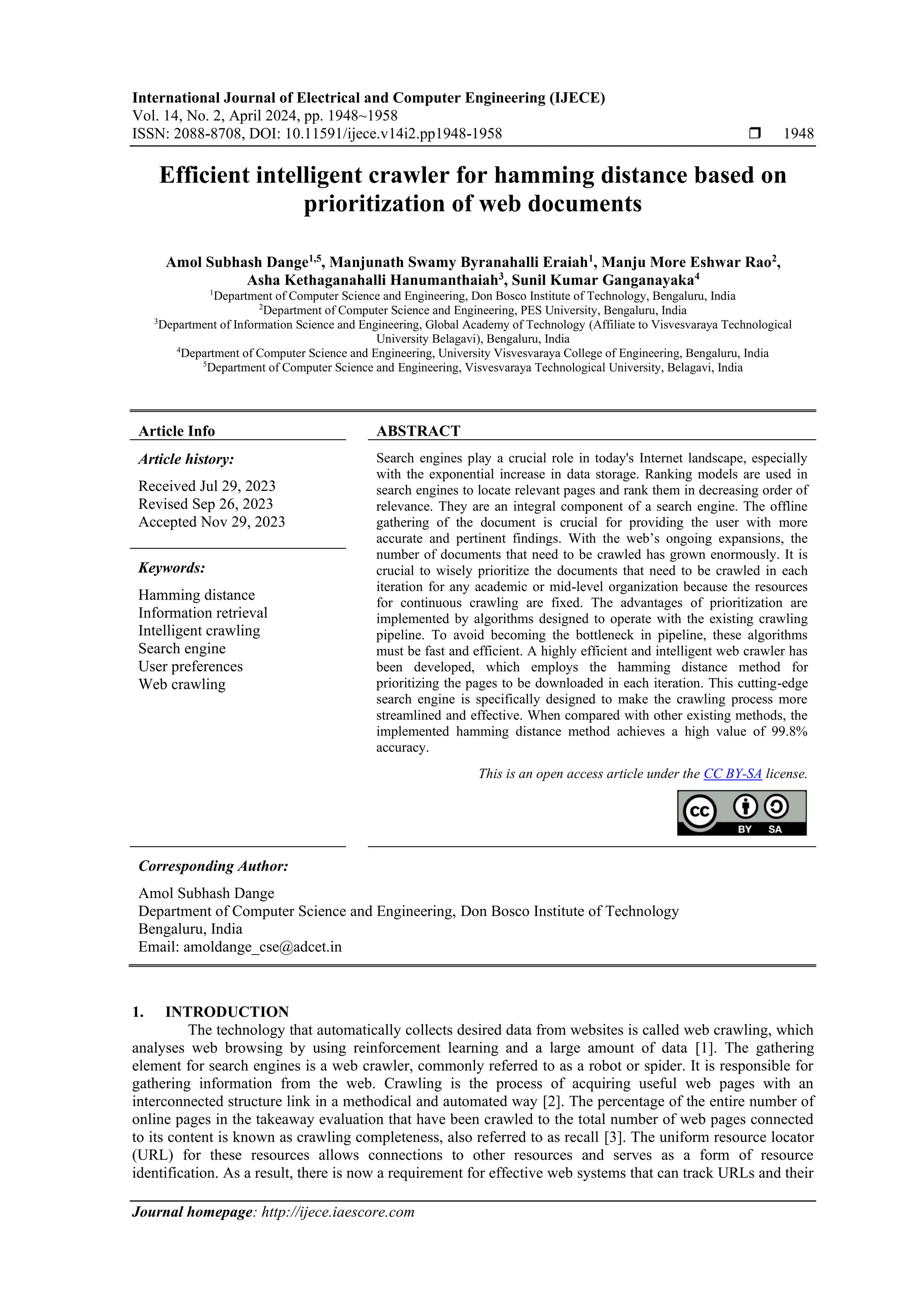 Efficient intelligent crawler for hamming distance based on prioritization of web documents ...
