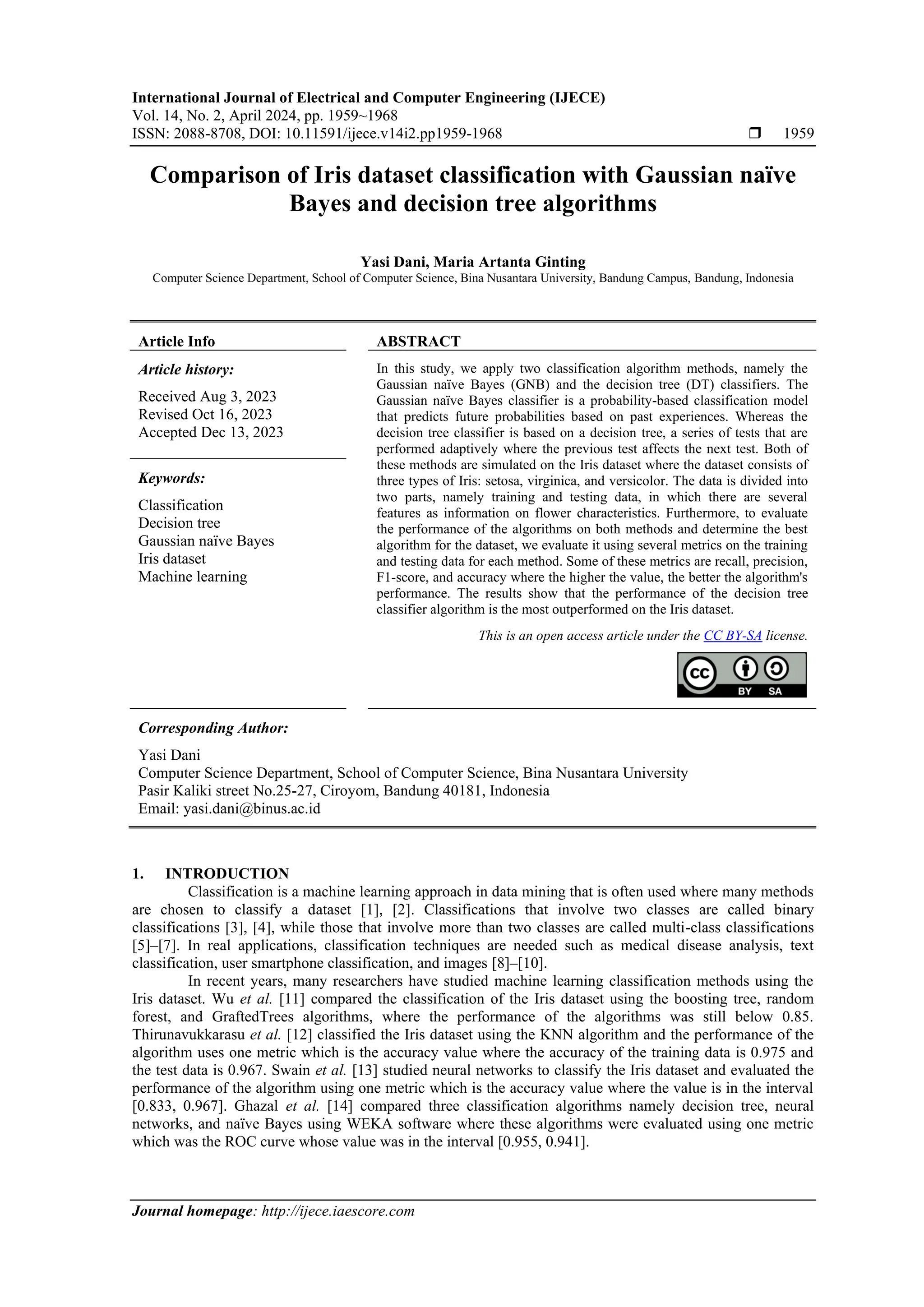 Comparison of Iris dataset classification with Gaussian naïve Bayes and decision tree algorithms ...