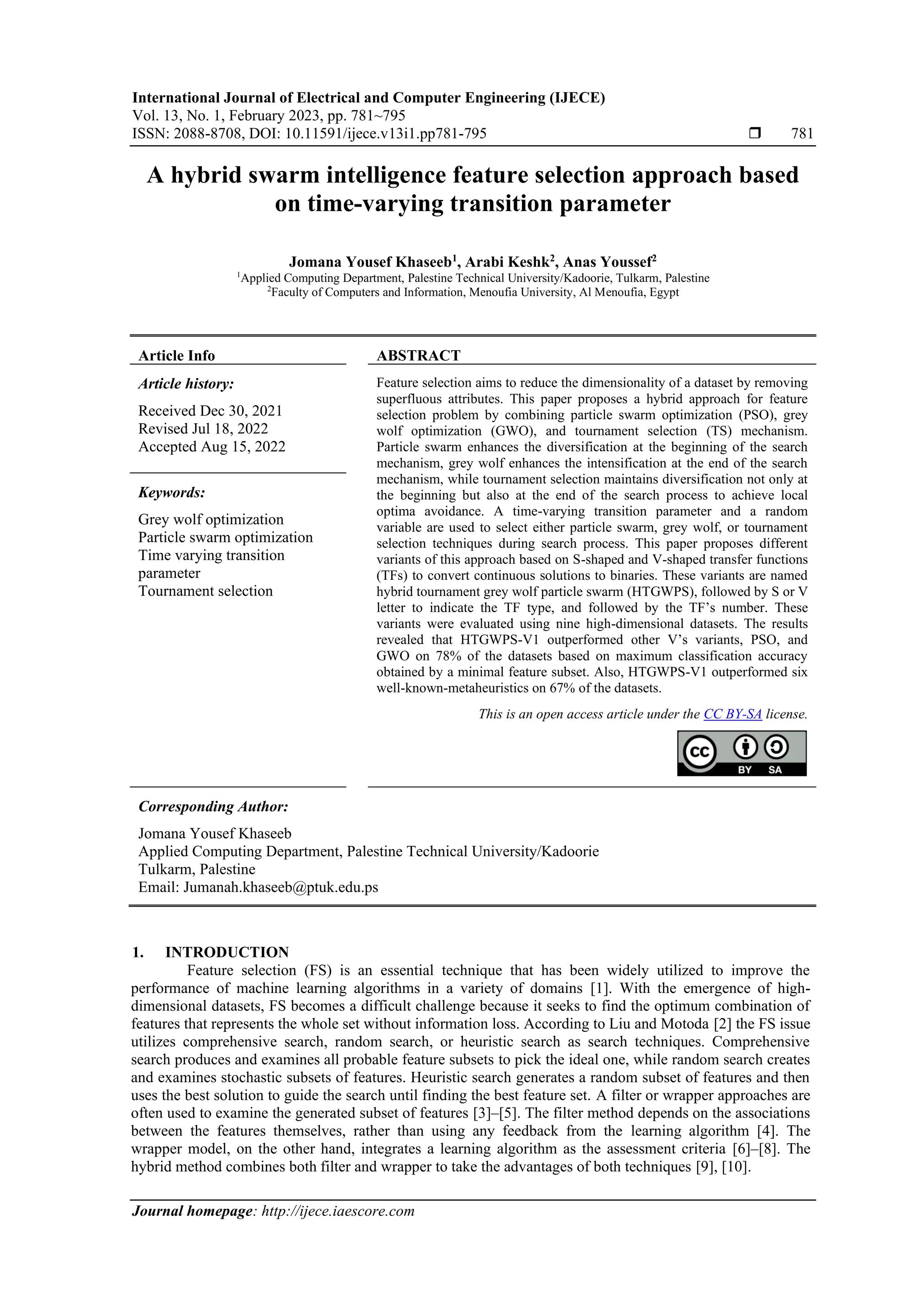 A Hybrid Swarm Intelligence Feature Selection Approach Based On Time Varying Transition