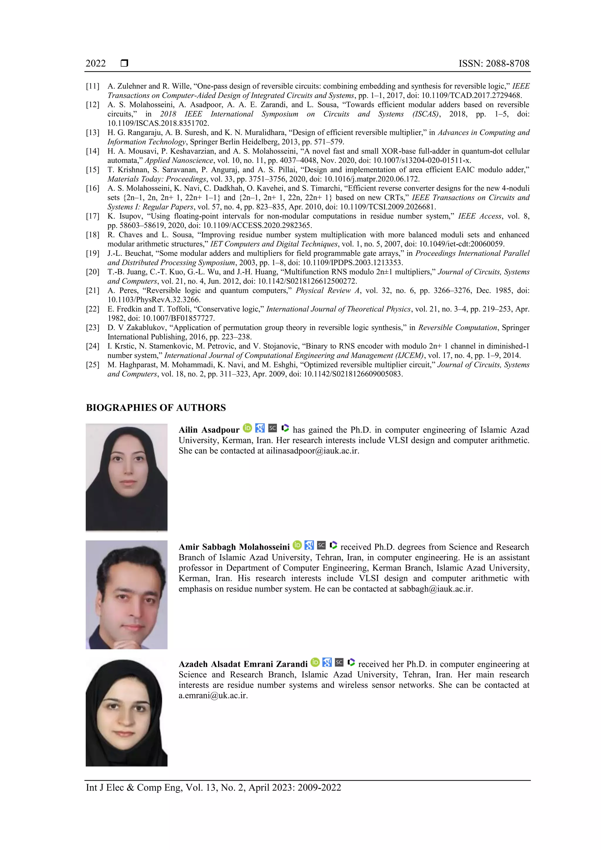 The use of reversible logic gates in the design of residue number ...