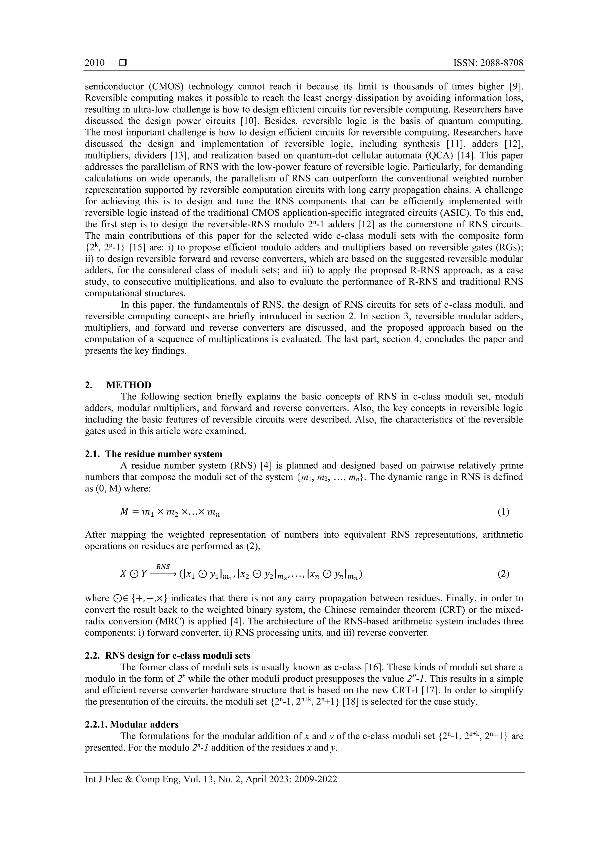 The use of reversible logic gates in the design of residue number ...