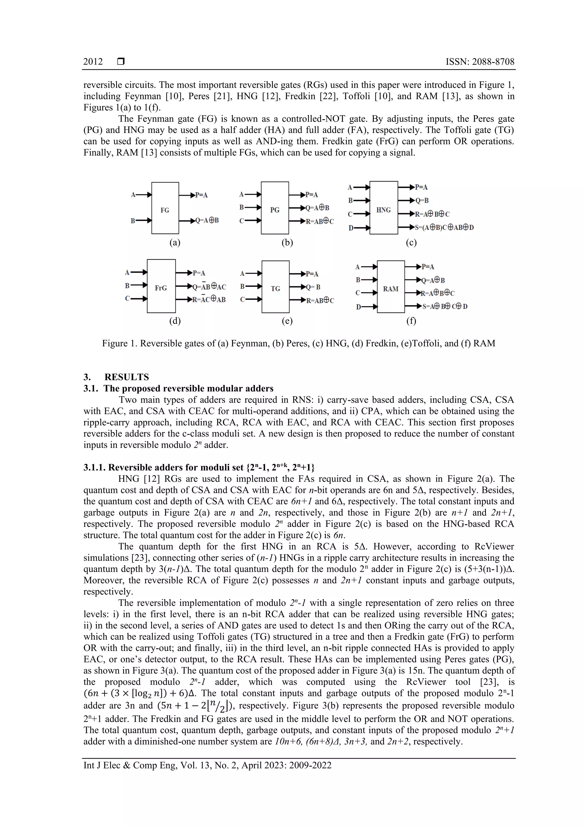 The use of reversible logic gates in the design of residue number ...
