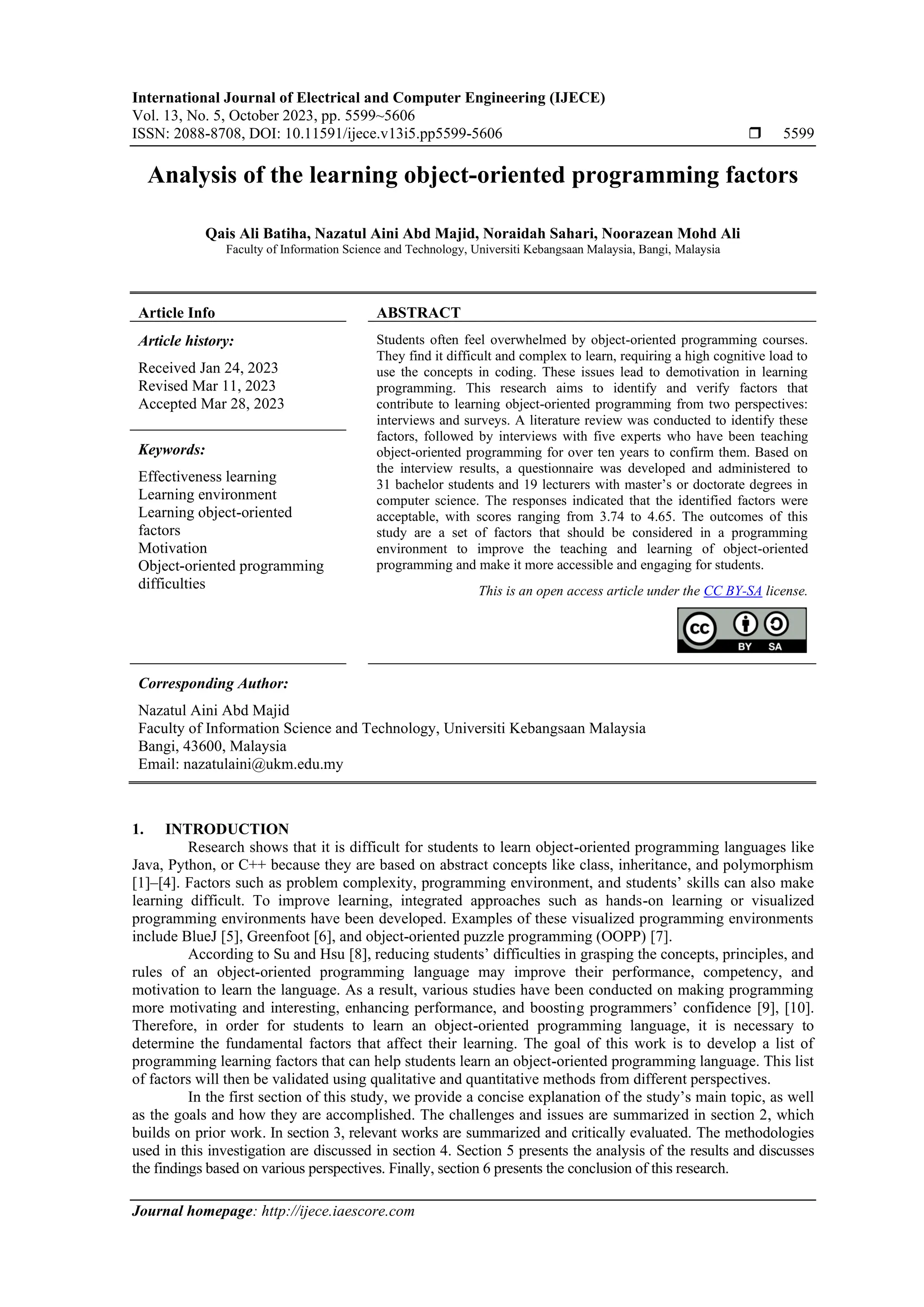 Analysis of the learning object-oriented programming factors | PDF Analysis of the learning object-oriented programming factors | PDF
