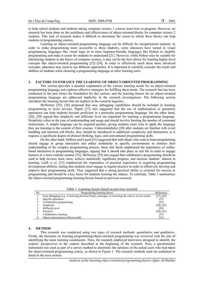 Analysis of the learning object-oriented programming factors | PDF