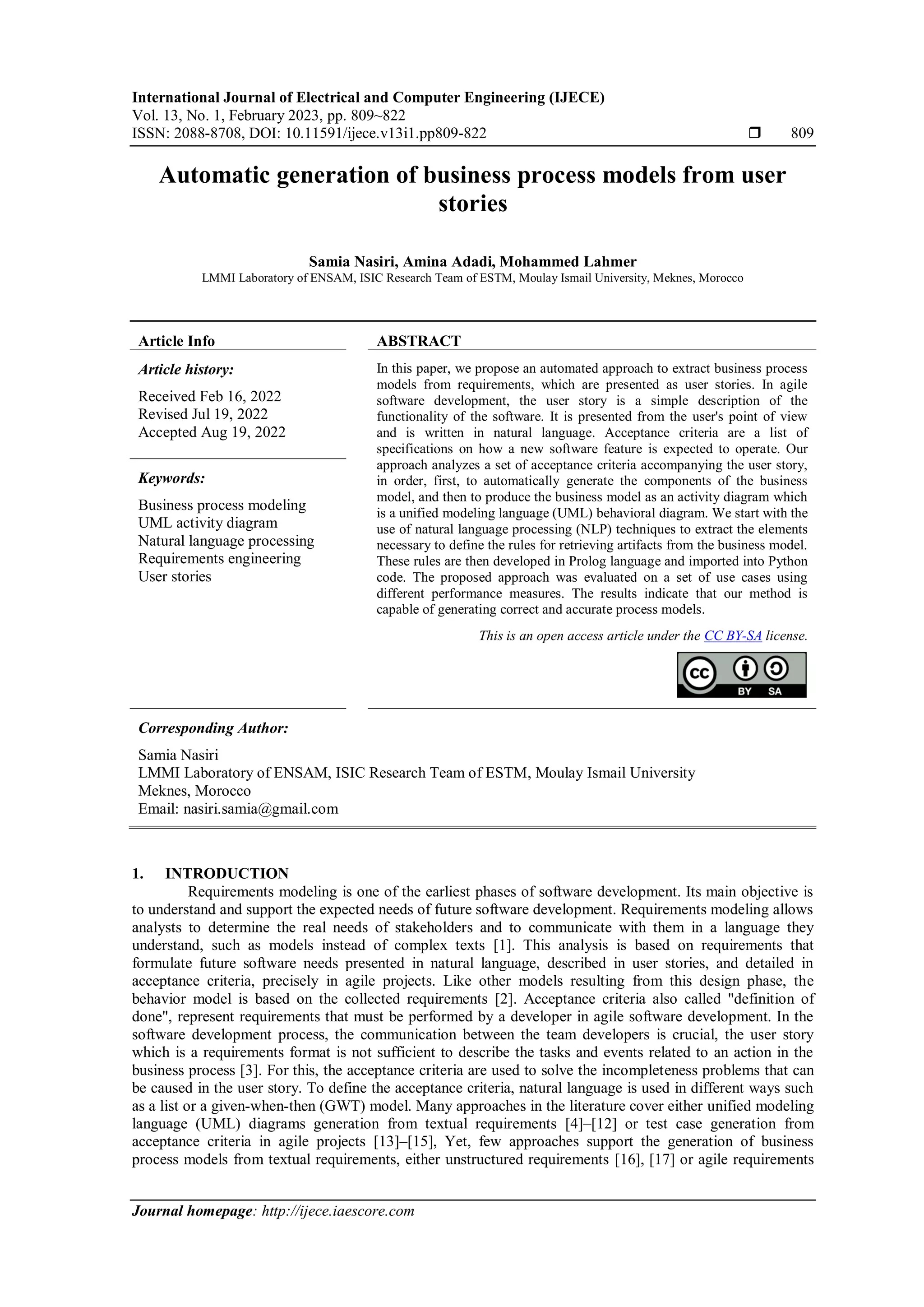 Automatic generation of business process models from user stories | PDF