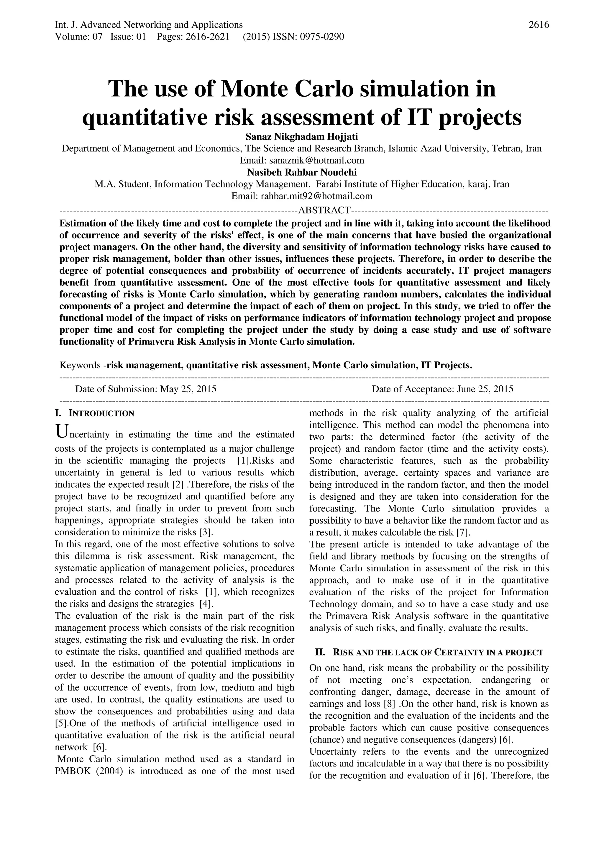 The use of Monte Carlo simulation in quantitative risk assessment of IT projects | PDF ...