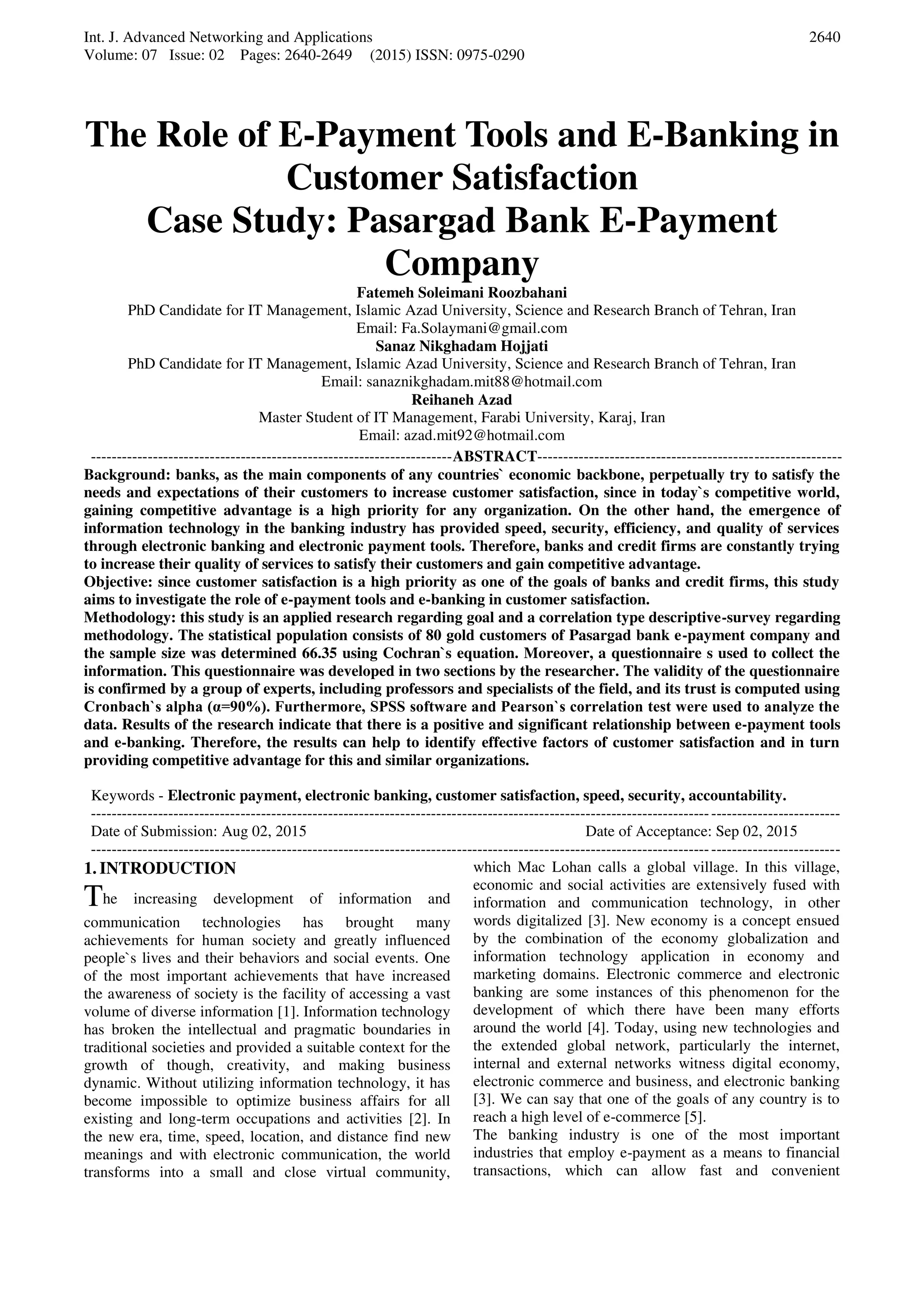 The Role of E-Payment Tools and E-Banking in Customer Satisfaction Case Study: Pasargad Bank E ...