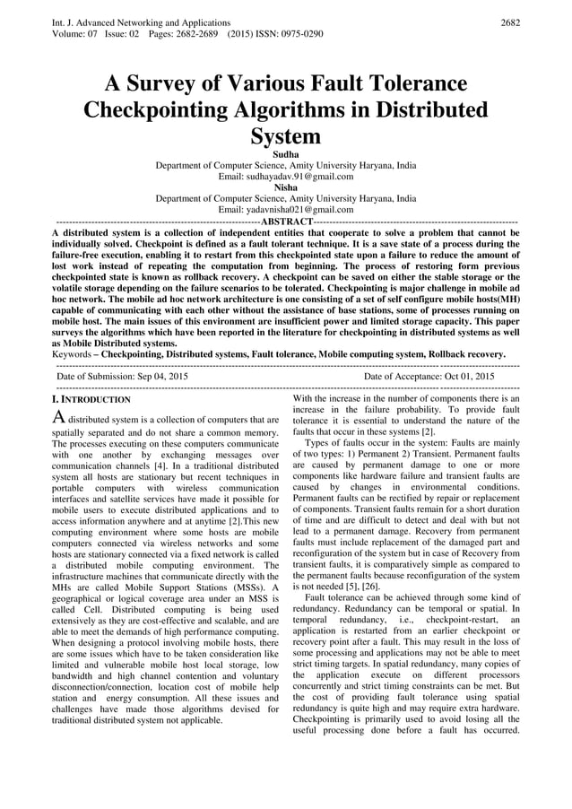 A Survey of Various Fault Tolerance Checkpointing Algorithms in Distributed System | PDF ...