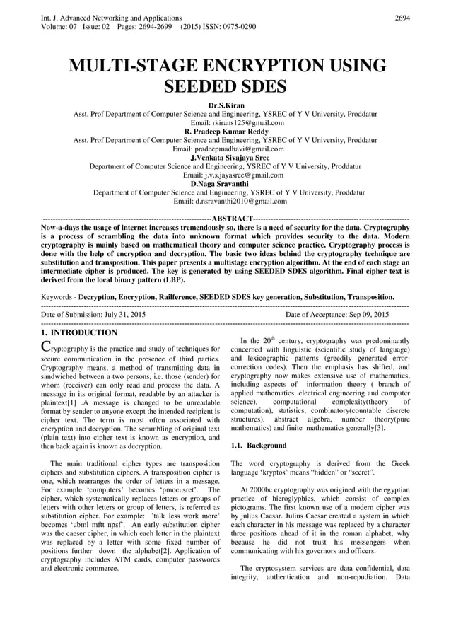 MULTI-STAGE ENCRYPTION USING SEEDED SDES | PDF