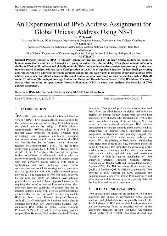 An Experimental of IPv6 Address Assignment for Global Unicast Address ...