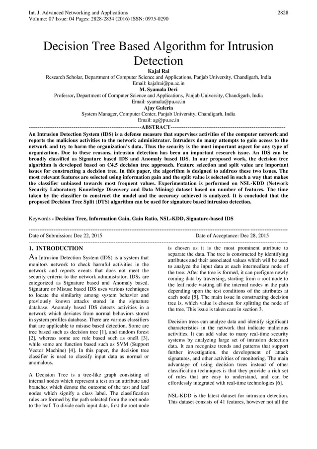 Decision Tree Based Algorithm for Intrusion Detection | PDF | Computer Software and Applications ...