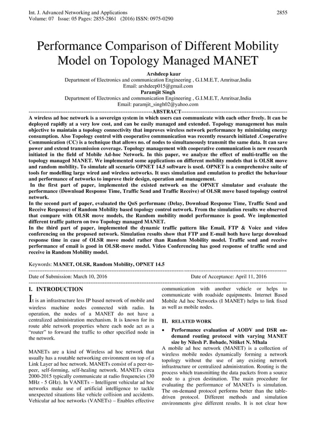 Performance Comparison Of Different Mobility Model On Topology Managed Manet Pdf