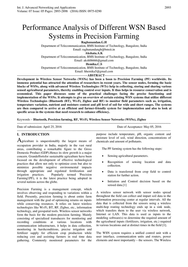 Performance Analysis of Different WSN Based Systems in Precision Farming | PDF