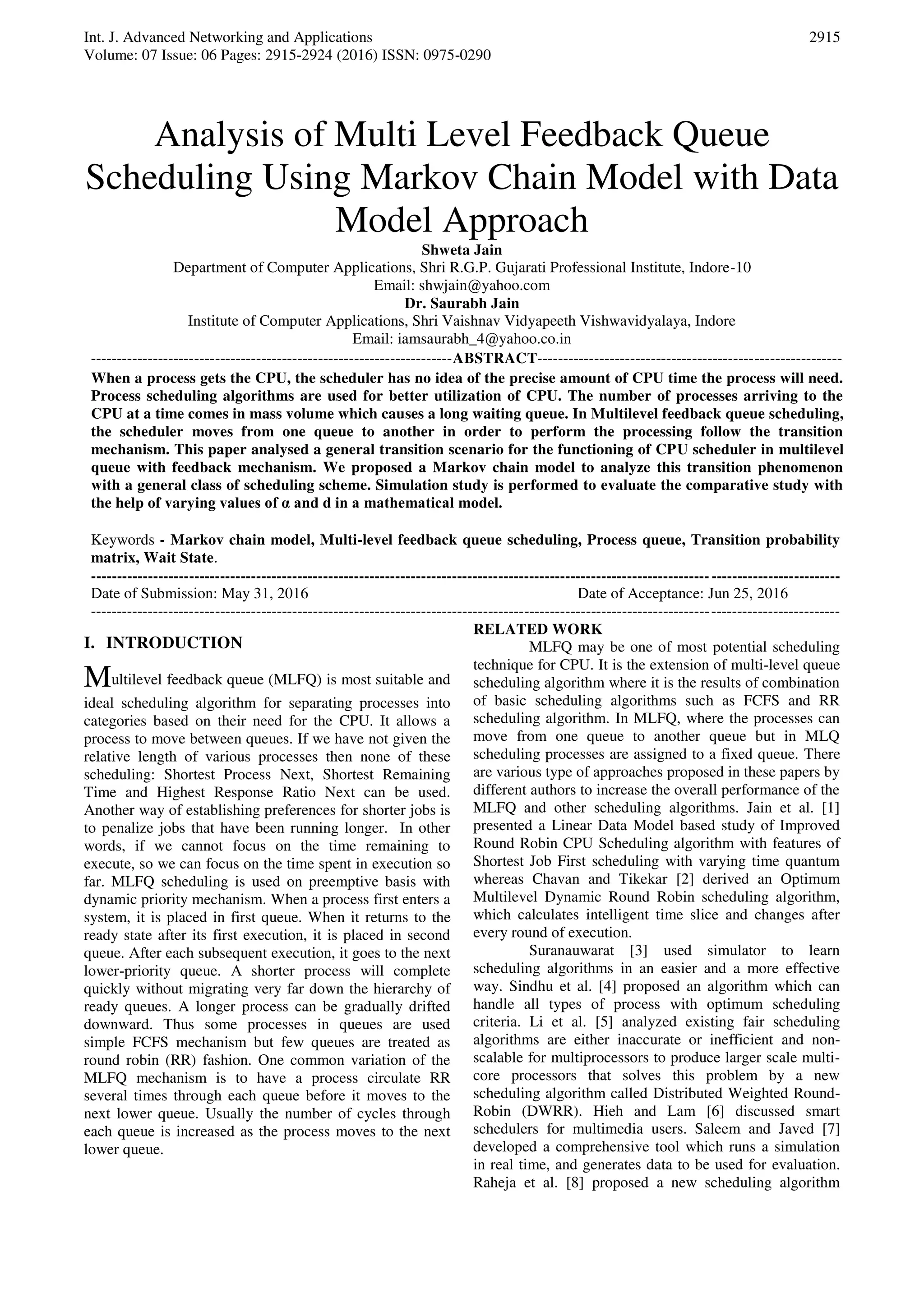 Analysis Of Multi Level Feedback Queue Scheduling Using Markov Chain Model With Data Model