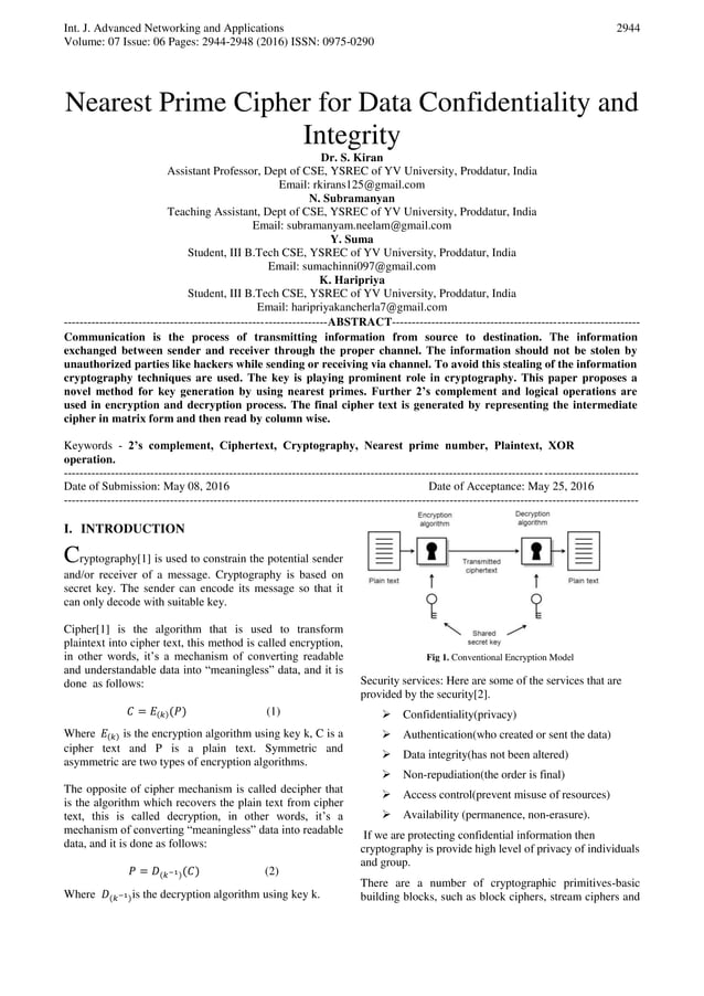 Nearest Prime Cipher for Data Confidentiality and Integrity | PDF