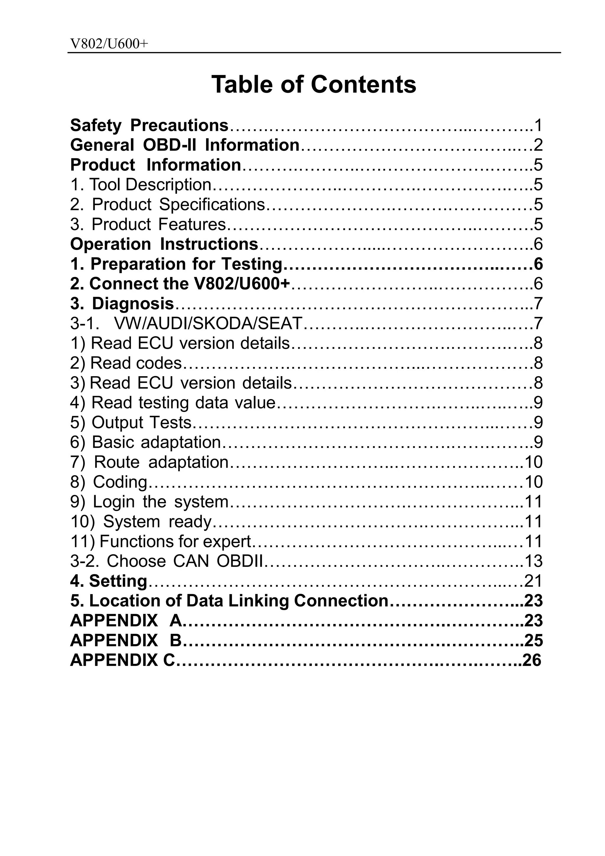 V801 Vag Scanner Vw/Audi/Seat/Skoda User Manul | PDF