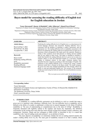 Bayes model for assessing the reading difficulty of English text for English education in Jordan ...