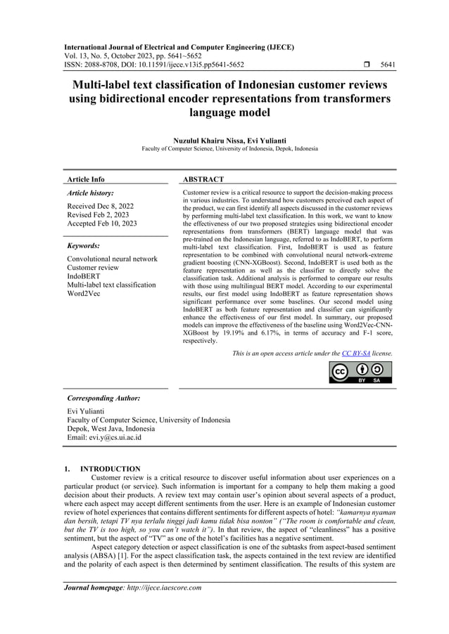 Multi-label text classification of Indonesian customer reviews using bidirectional encoder ...