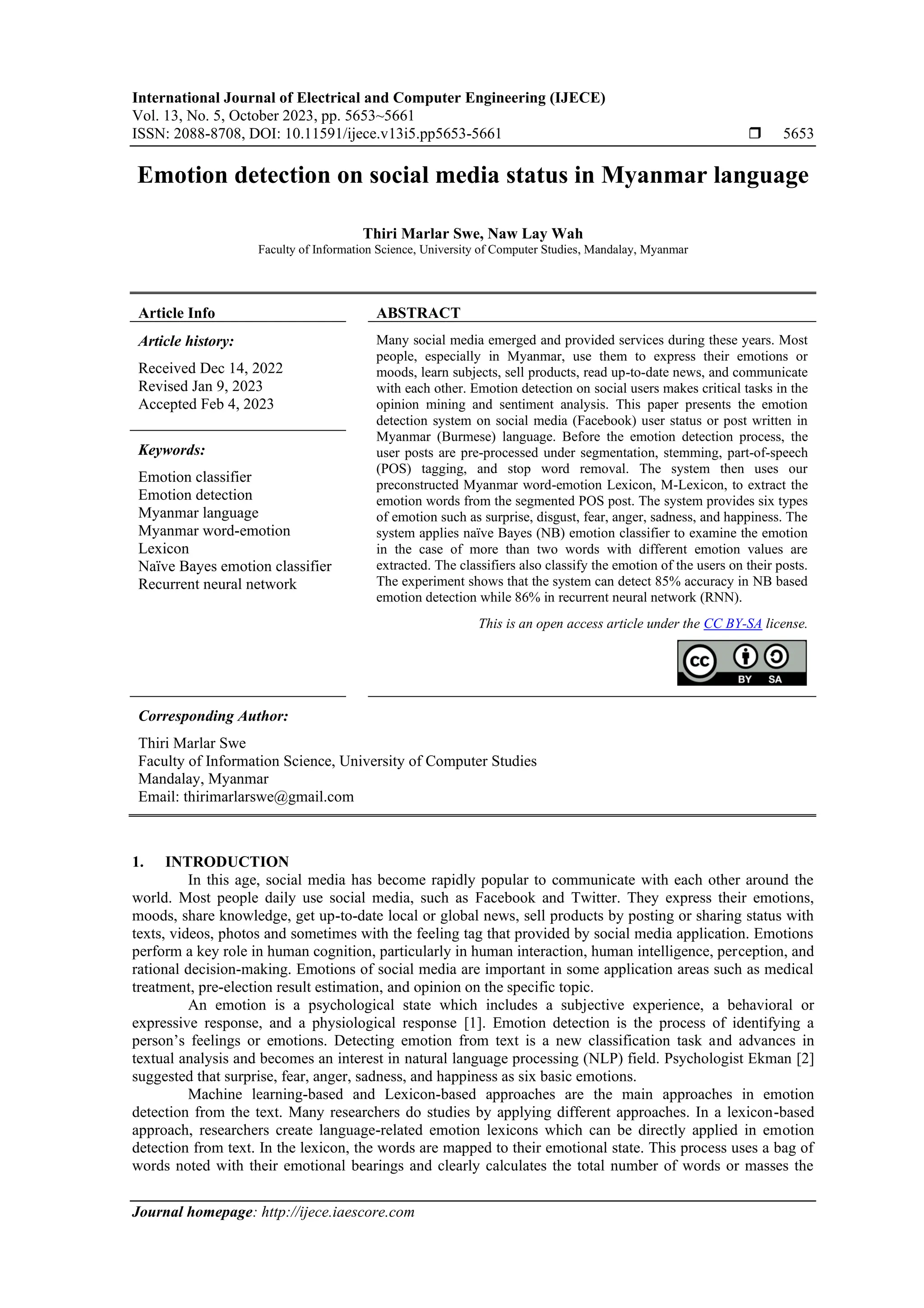 Emotion detection on social media status in Myanmar language | PDF