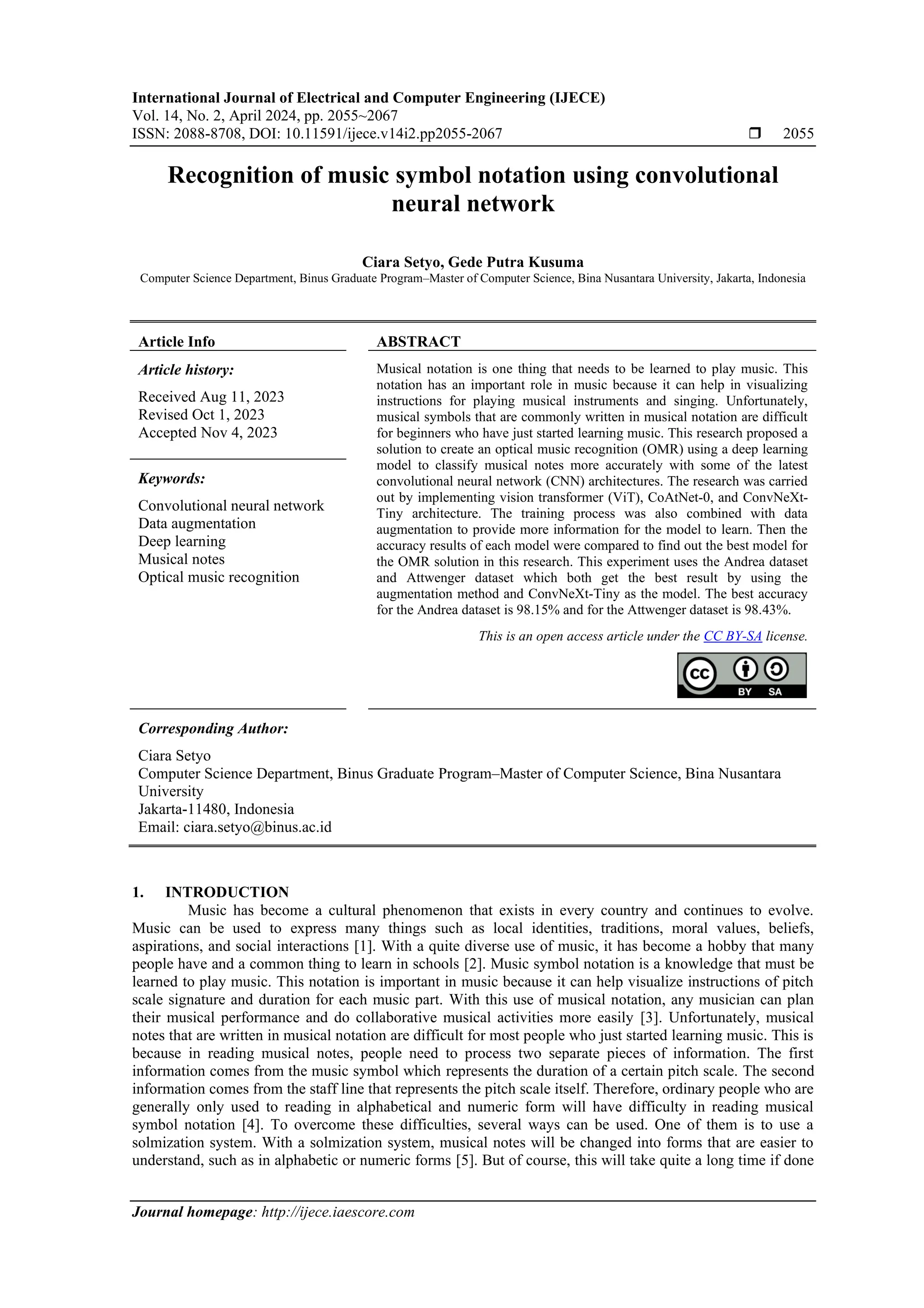 Recognition Of Music Symbol Notation Using Convolutional Neural Network