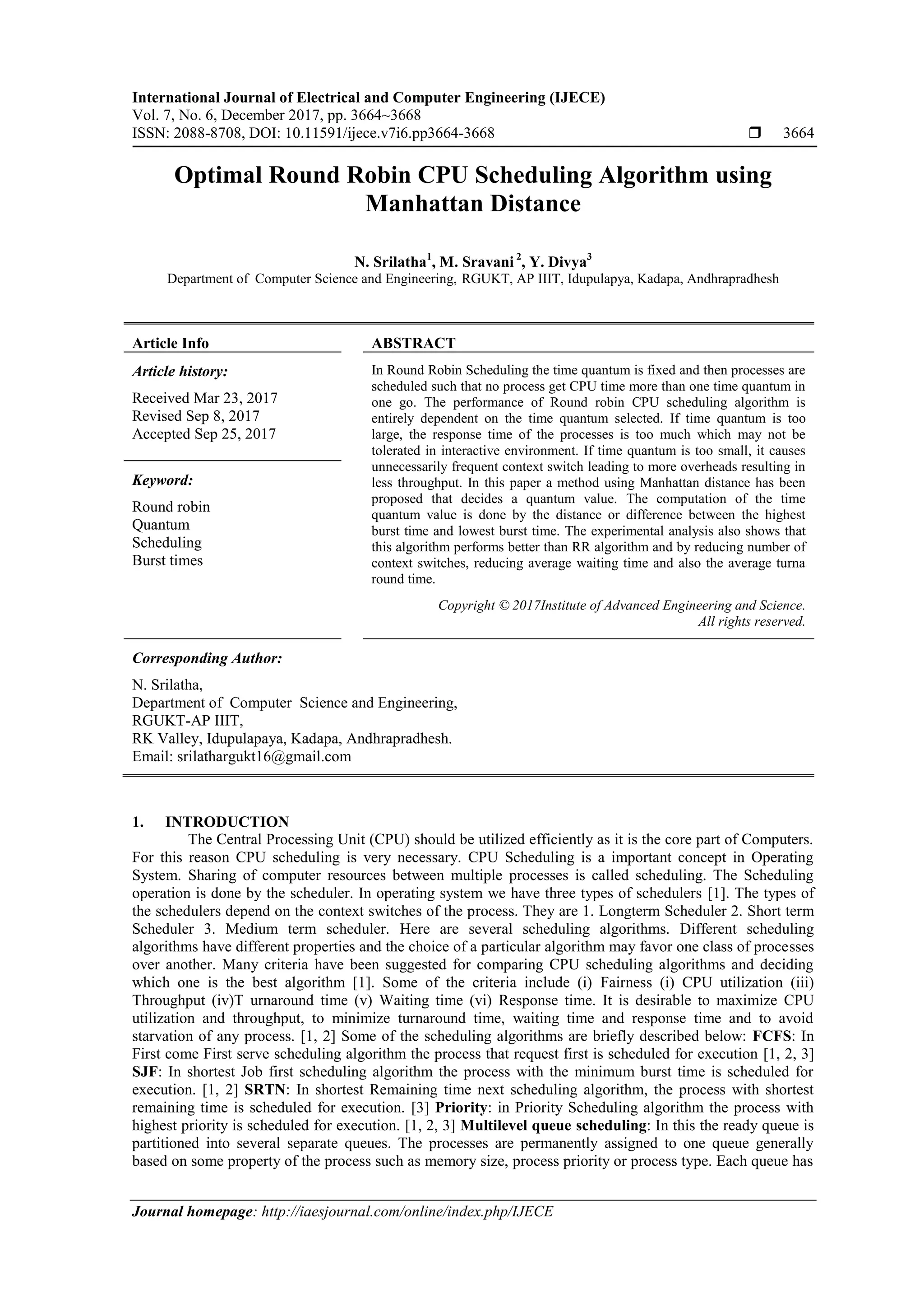 Optimal Round Robin Cpu Scheduling Algorithm Using Manhattan Distance Pdf 3757
