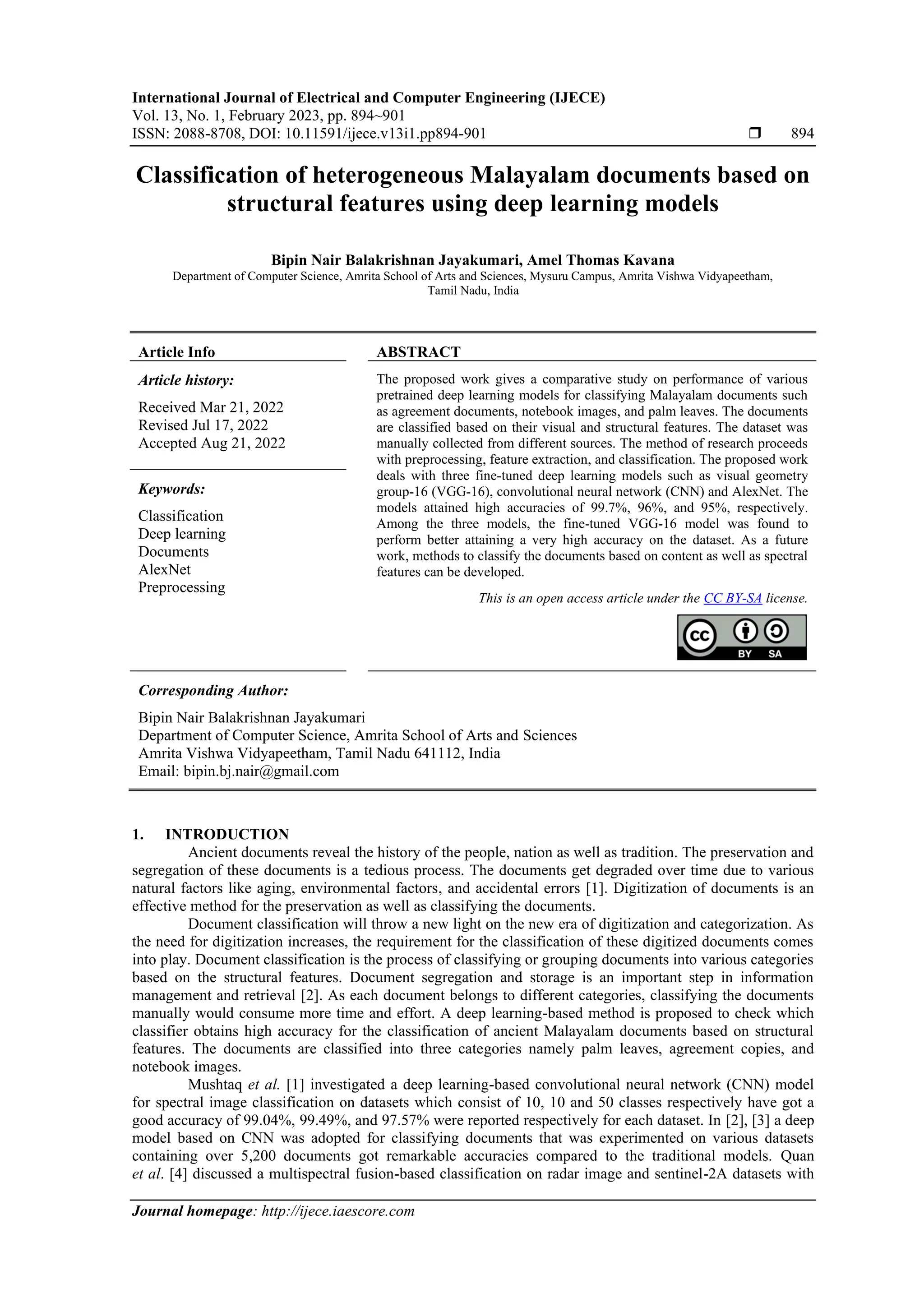 Classification of heterogeneous Malayalam documents based on structural features using deep ...